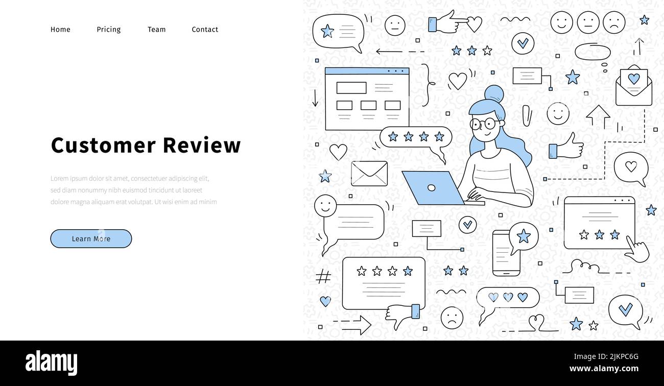 Customer review and rating doodle landing page. Female user sit at ...