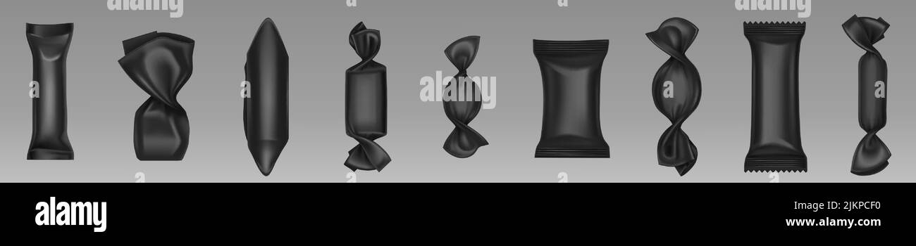 Blank black wrappers of candies and chocolates, 3d plastic packs ...