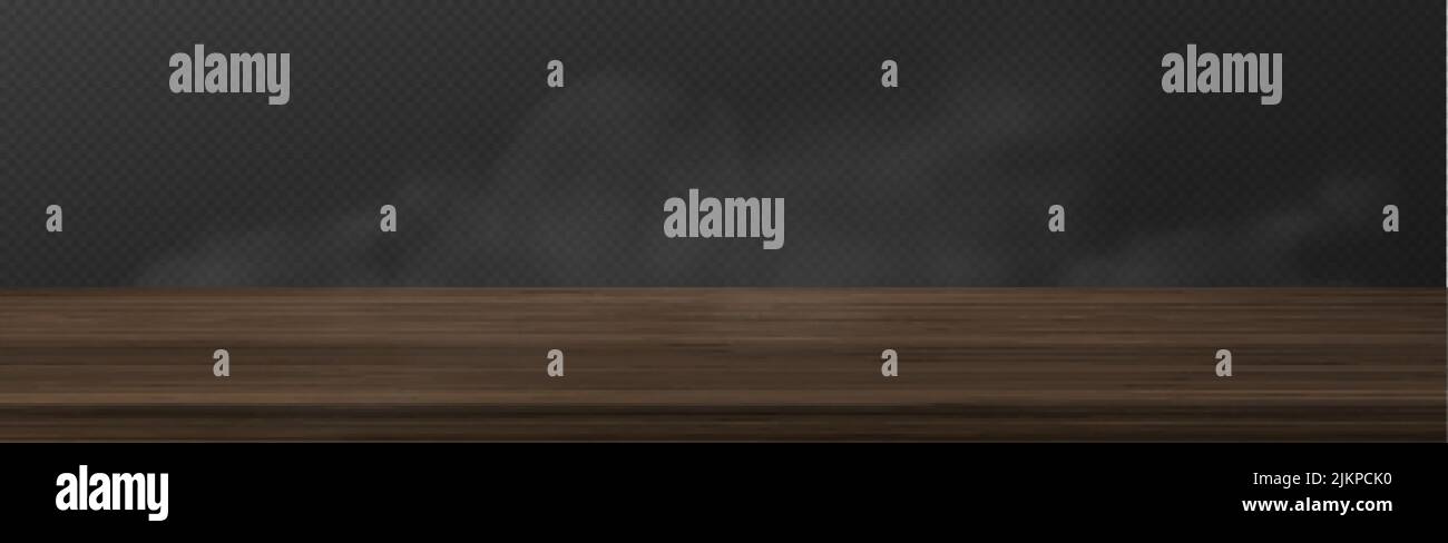 Wooden table top and white fog clouds isolated on transparent ...