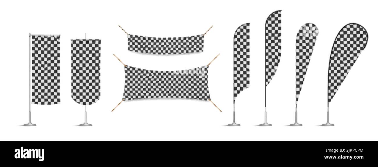 Racing flags, vinyl banners, black and white checkered signboards or ...