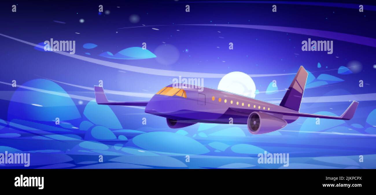Plane fly in night sky with clouds and full moon. Concept of passenger ...