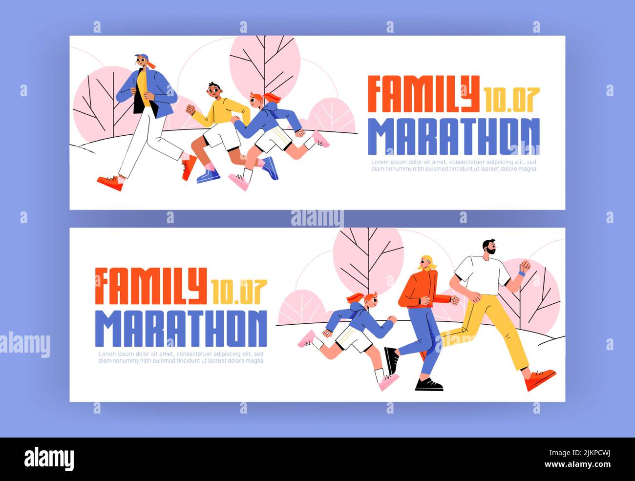 Family marathon ads banners, invitation for parents and children to run ...
