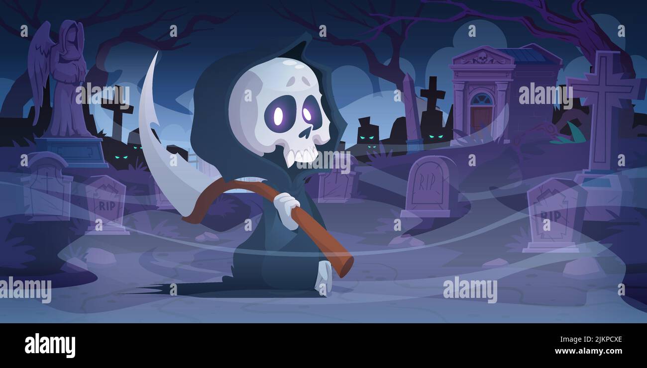 Grim reaper with scythe on night cemetery. Funny death character wear ...