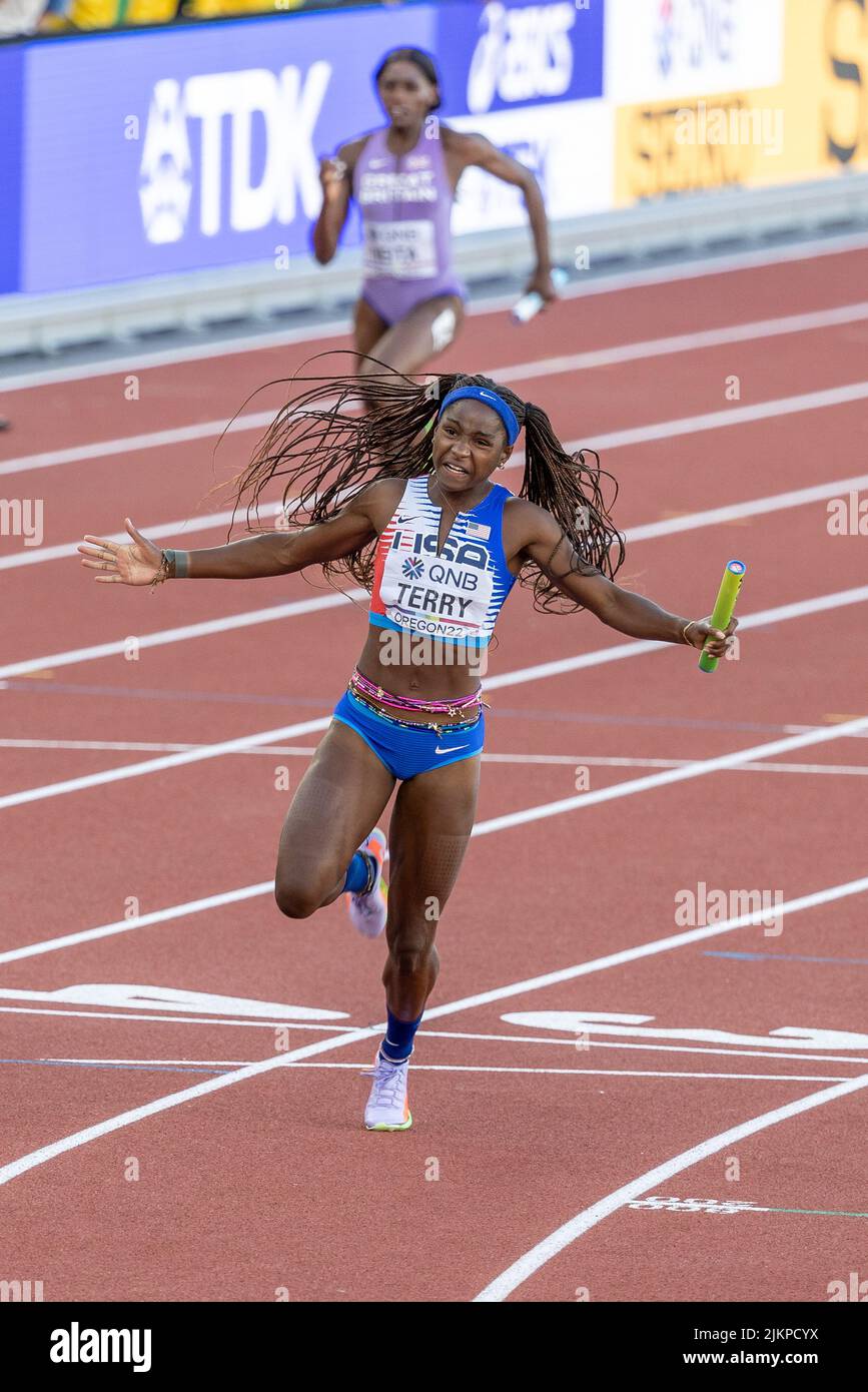 Twanisha Terry (USA) crosses the finish line of the 4 x 100 meter relay ...