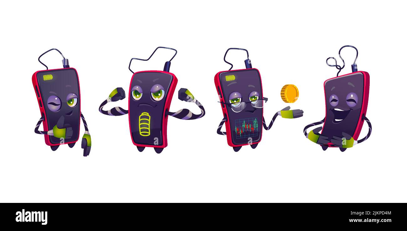 Cute smartphone character, mobile phone mascot in different poses ...