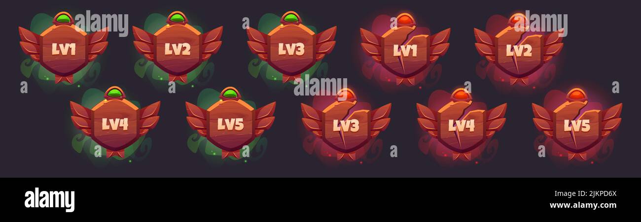Game level ui icons, wooden shields or banners with wings and magic ...