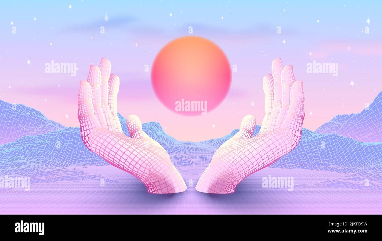 Pale holographic 80s or 90s styled vaporwave landscape with 3D hands ...