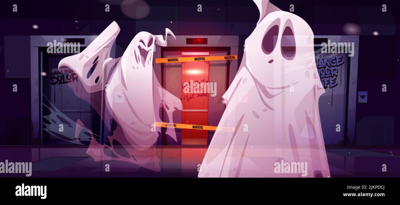 Ghosts in old dirty hallway with broken elevator at night. Vector ...