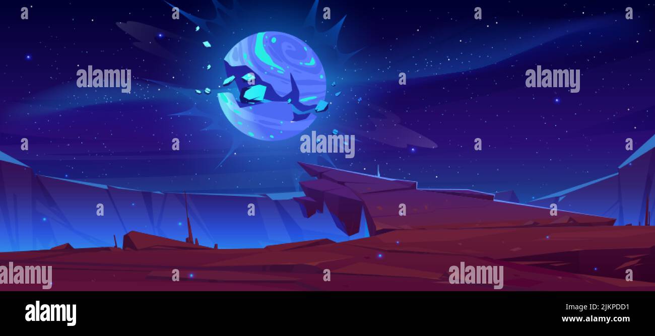 Alien planet futuristic landscape with exploding glowing moon or ...