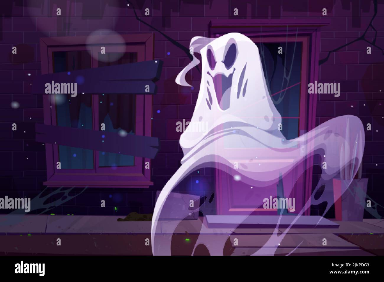 Spooky ghost at haunted house facade with boarded up windows and broken ...