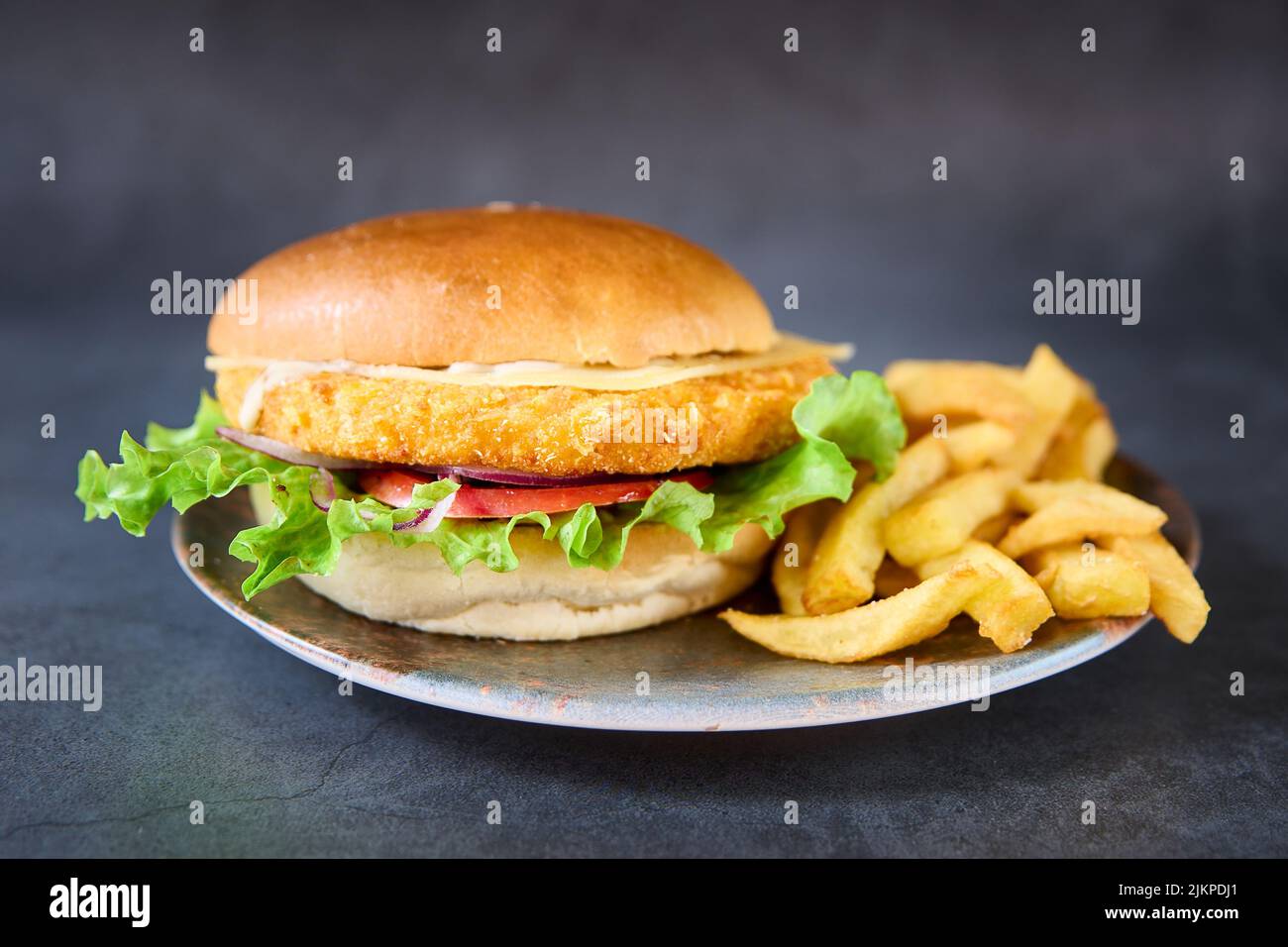 a close up shot of a Chicken burger with french fries on a plate Stock ...