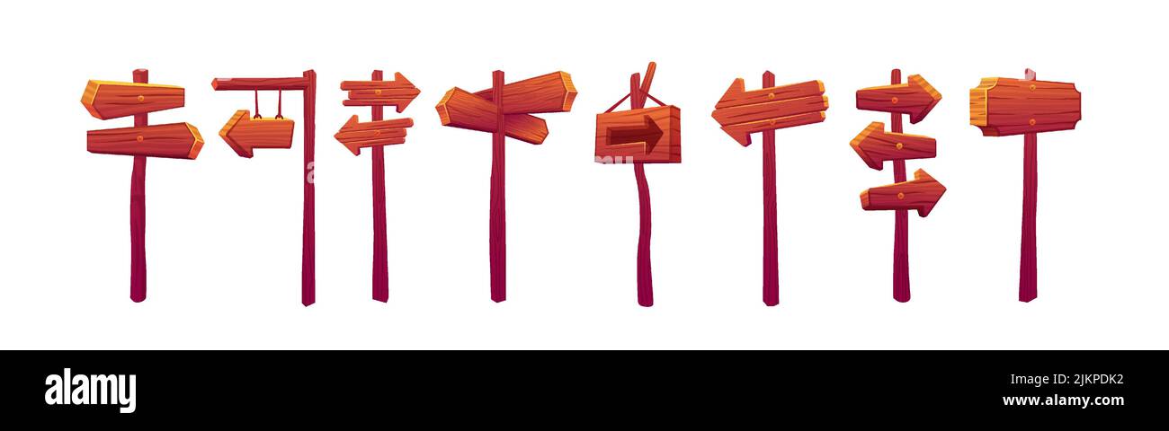 Wooden road sign boards, direction pointers on post. Vector cartoon set ...