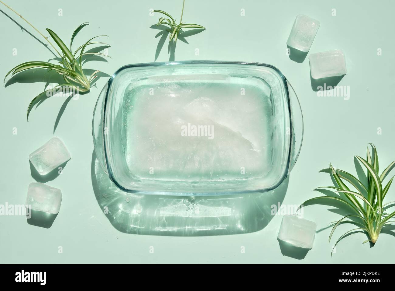Summer mint green background with cold frozen ice cubes and leaves of ...