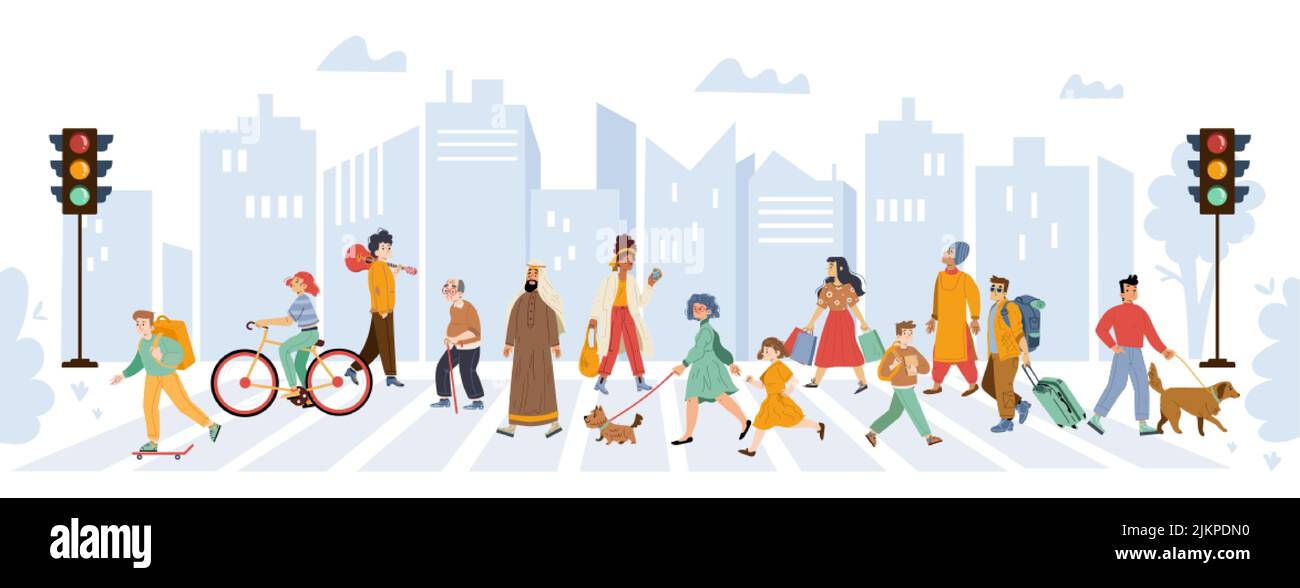 Diverse people walk on pedestrian crosswalk. Vector flat illustration ...
