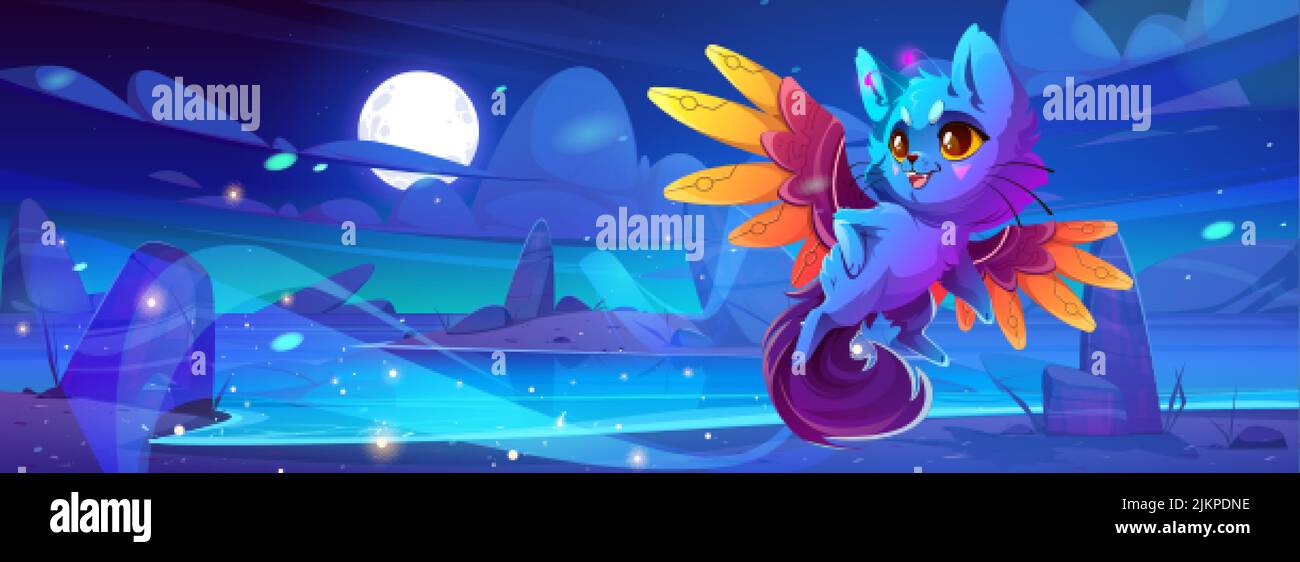 Cute monster cat on alien fantasy planet landscape. Cartoon funny ...