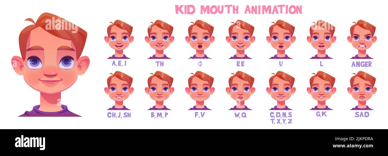 Kid mouth animation with different facial expressions. Little caucasian ...