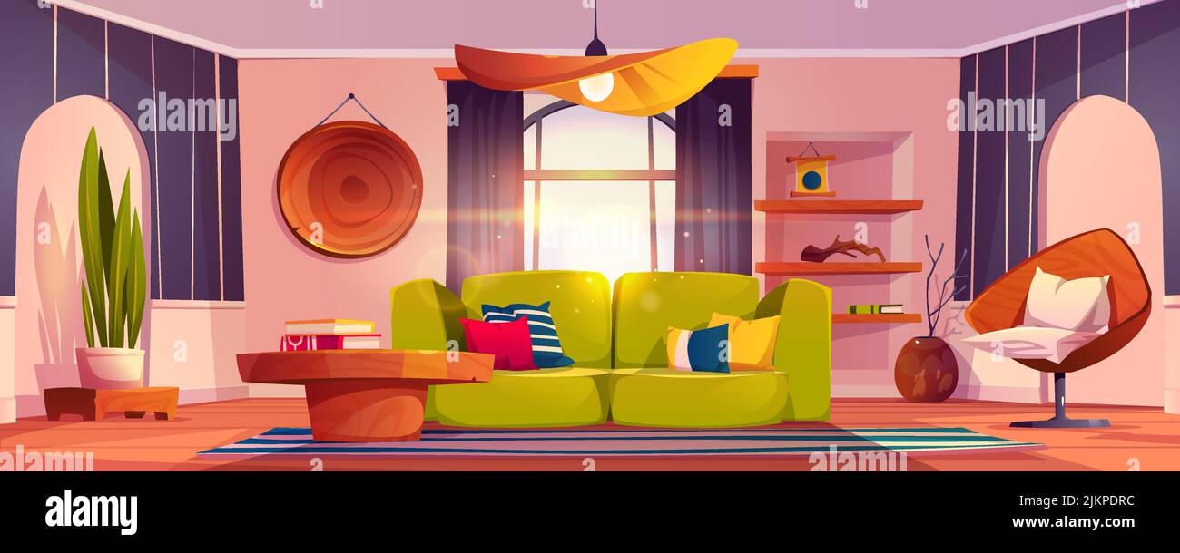 Living room interior with sofa, armchair, bookshelves and potted plant. Vector cartoon ...