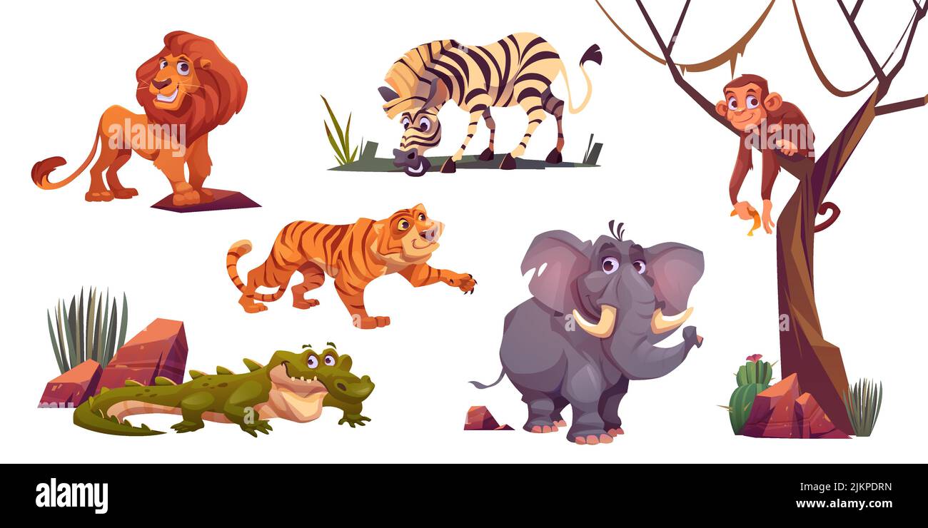 Cartoon wild animals tiger, monkey, zebra and lion with elephant and ...