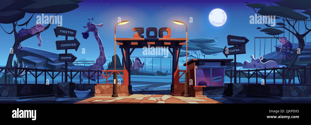 Night Zoo with cute sleeping african animals, entrance with wooden arch ...