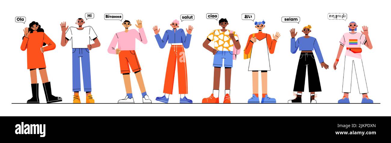 People say hello in different languages. Vector flat illustration of ...