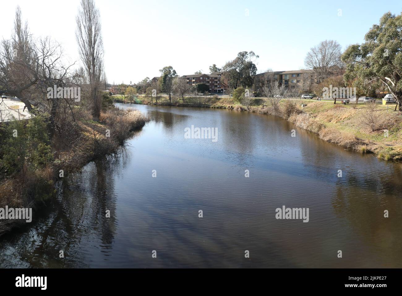 View of the Queanbeyan River from the Suspension Bridge looking north ...
