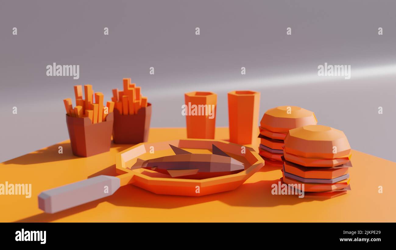 A 3D digital render of low poly burgers and condiments with a neutral ...