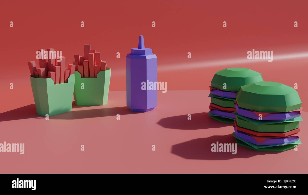 A 3D digital render of low poly burgers and condiments with a neutral ...