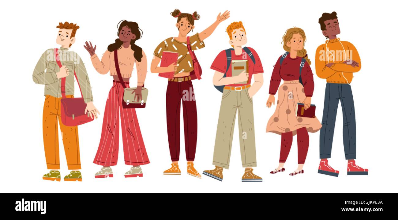 Group of students, adolescents with backpacks and books. Vector flat ...