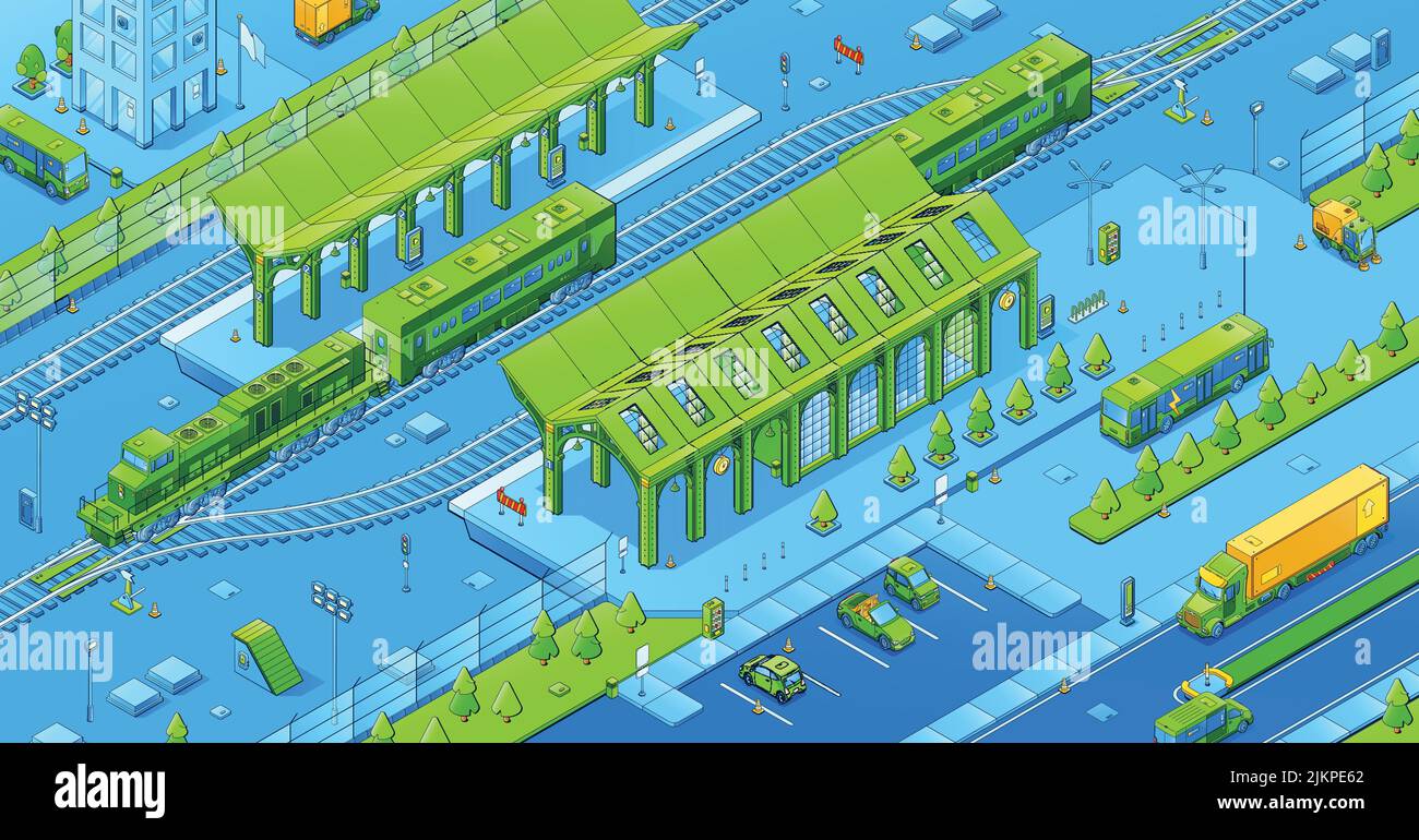 Isometric city infrastructure, railway area with trains, terminal ...