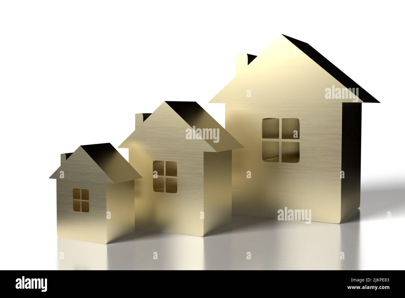 3d illustration. Three golden houses of different sizes on a white ...