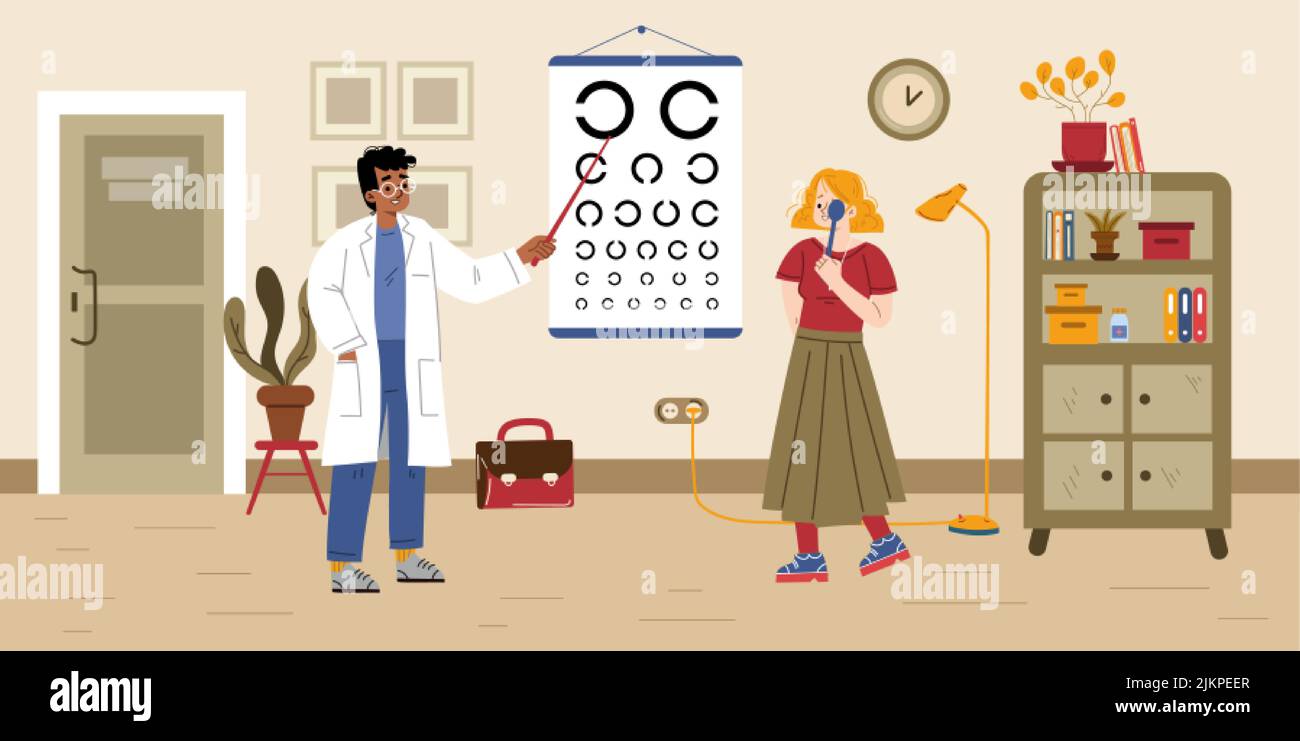 Doctor ophthalmologist check patient vision with eye test chart in ...