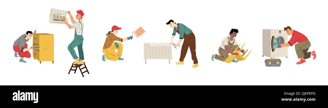 Repairmen, renovation and maintenance service workers. Vector flat ...