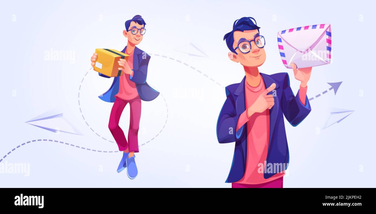 Man courier with box and letter. Concept of post and delivery service ...