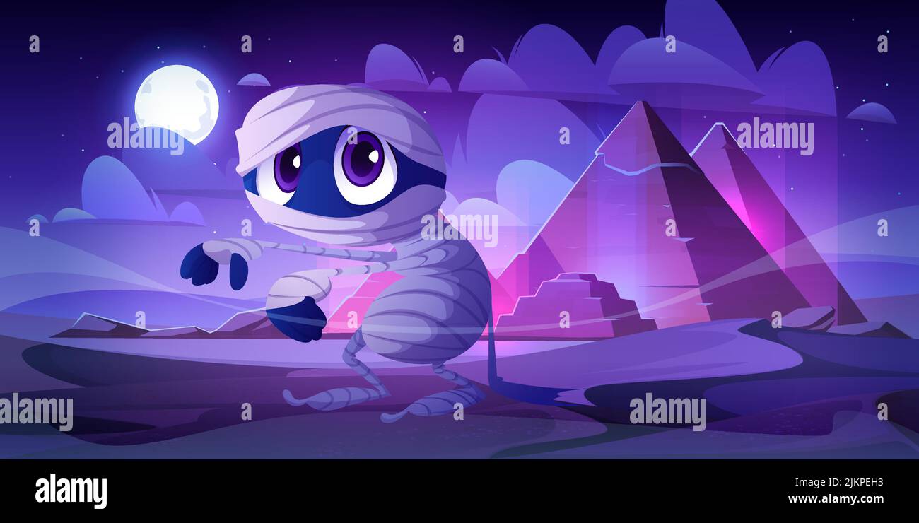 Scary mummy in Egypt desert with ancient pyramids. Vector cartoon ...