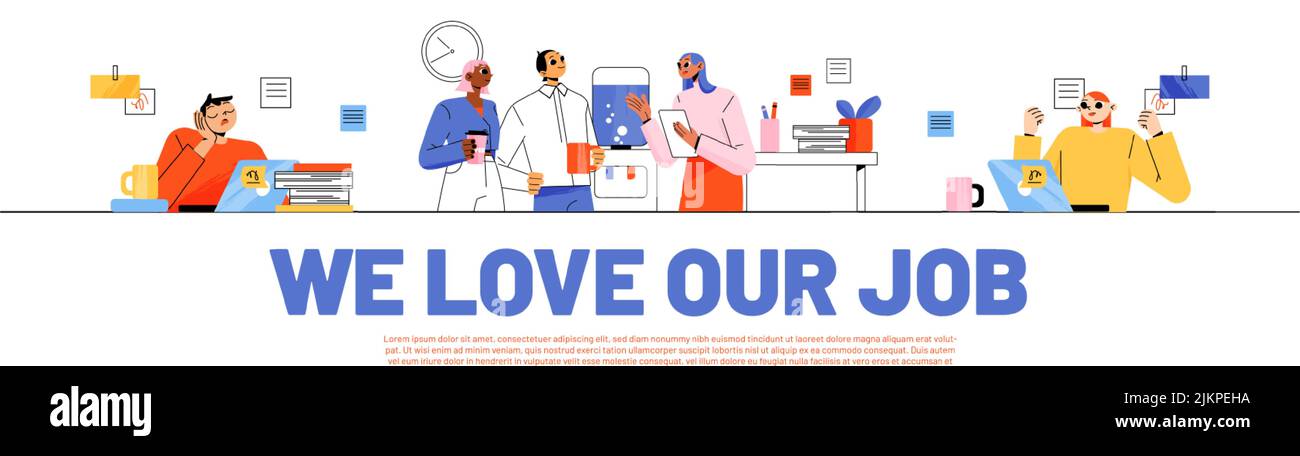 Office job banner with people employees on workplace. Vector poster of ...