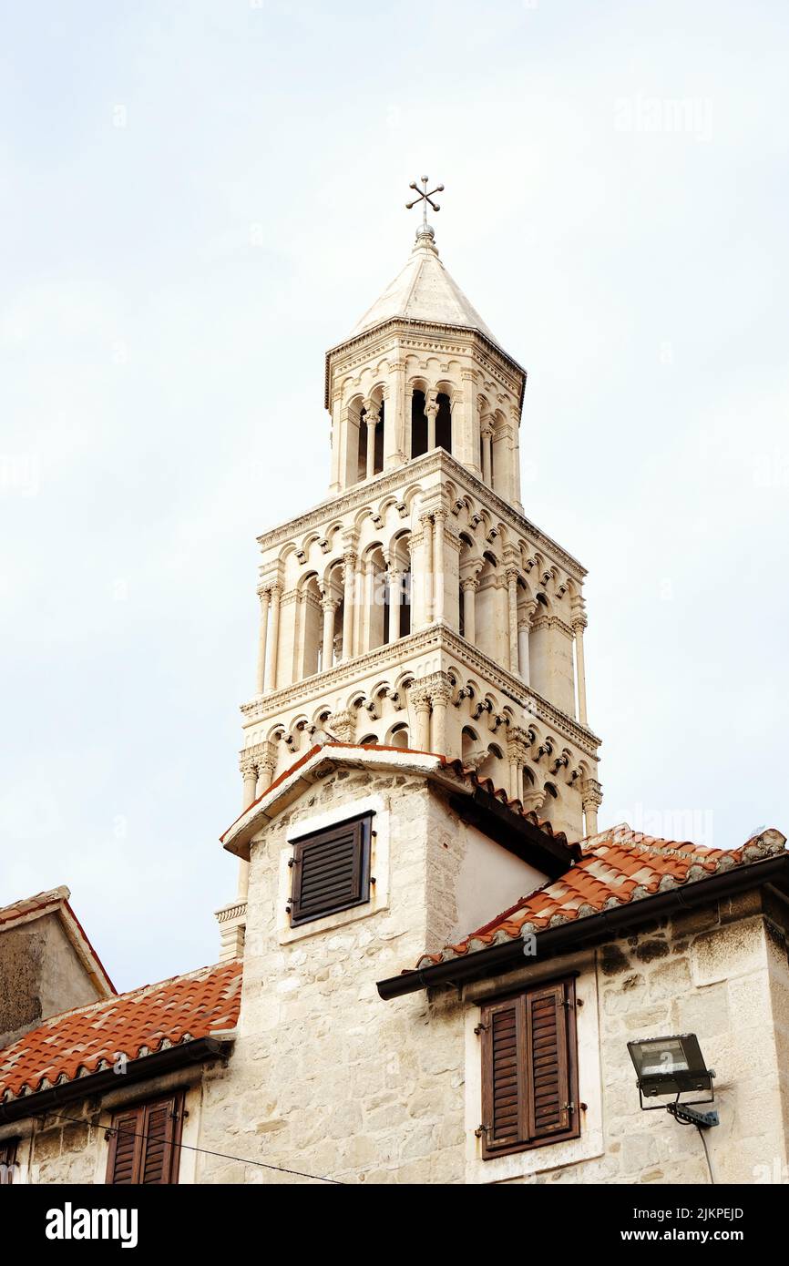 A vertical shot of Split Catholic Cathedral on blue sky background in ...