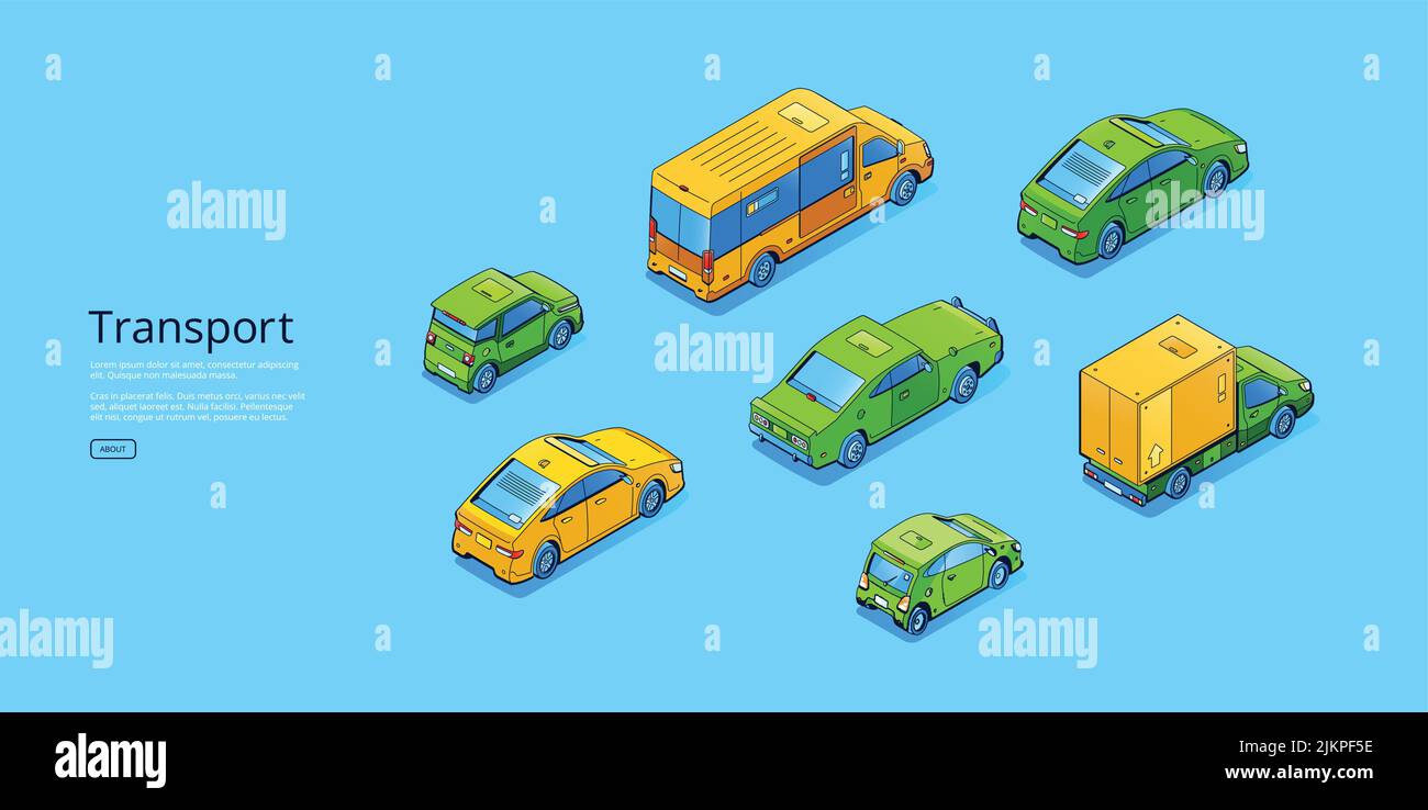 Transport banner with isometric cars, truck and bus. Vector horizontal ...
