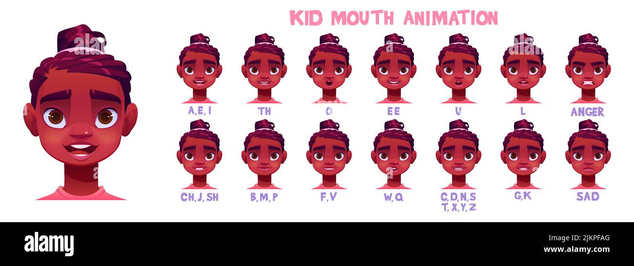 Kid mouth animation sprite sheet. Girl face expression and lips poses ...