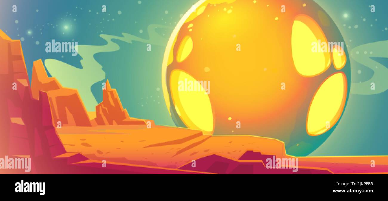 Alien planet landscape with desert and big moon with holes in sky at ...