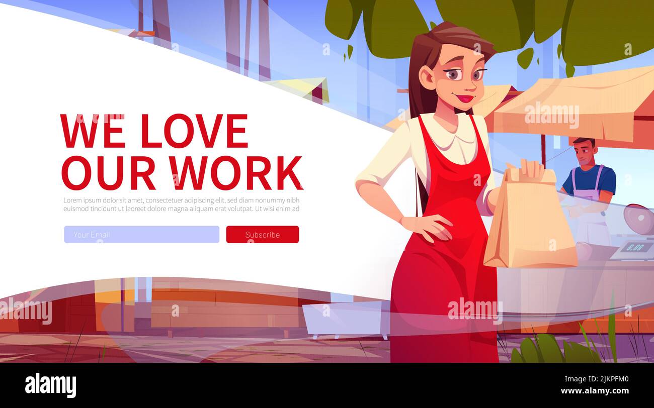 Local food market website with woman seller and wooden stalls with farm ...