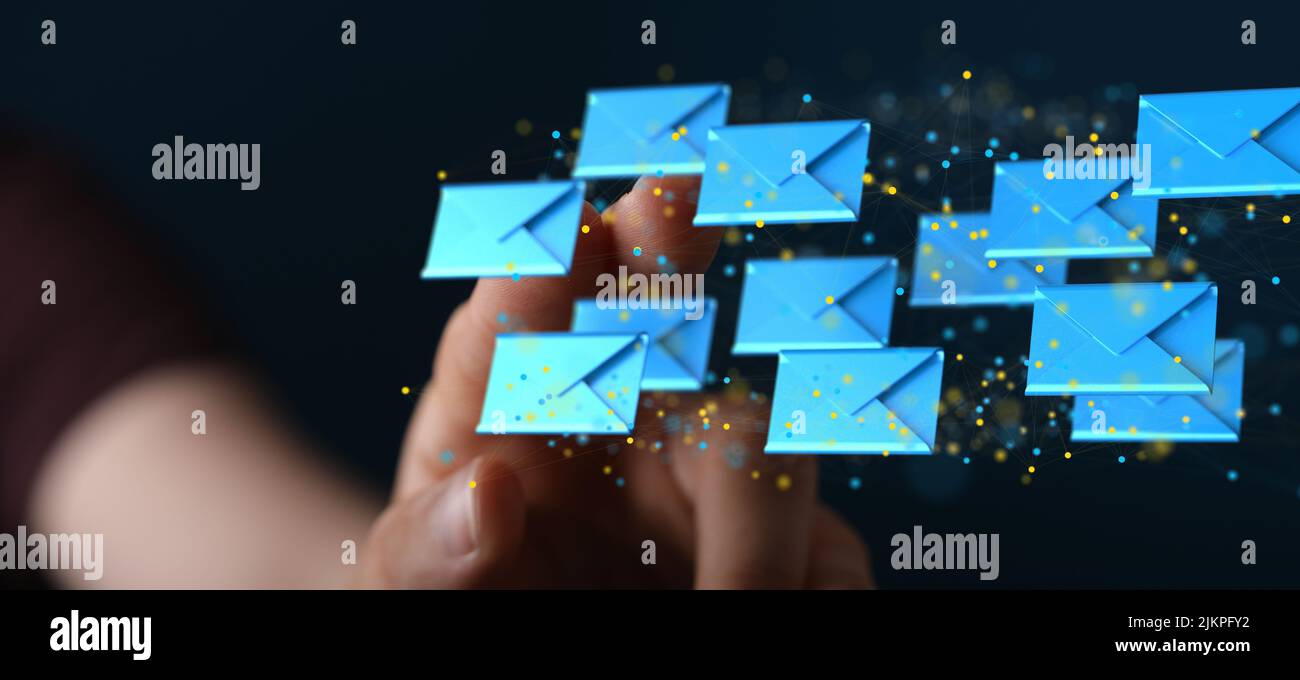 a Abstract virtual postal envelopes sketch on blurry office buildings ...