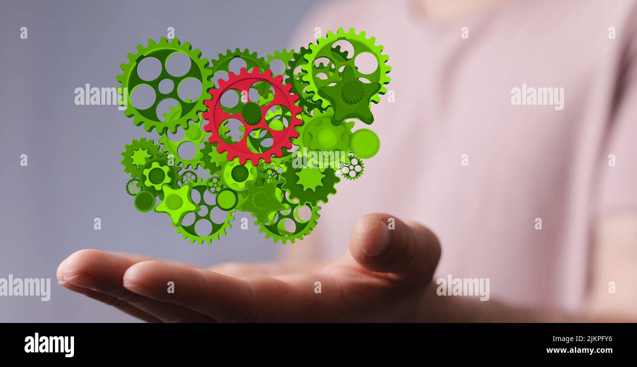 a 3d design of Mechanism green gears and cogs at work on black ...