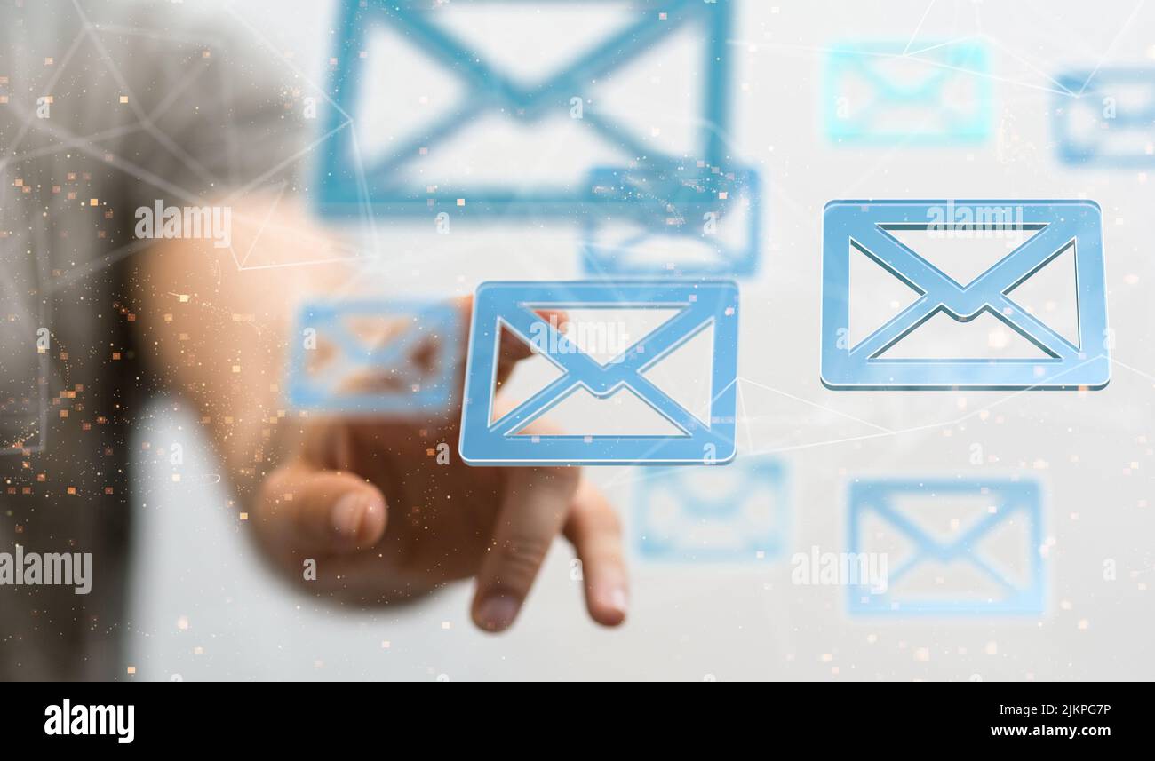 A hand touching email icon on screen, Concept of business communication ...