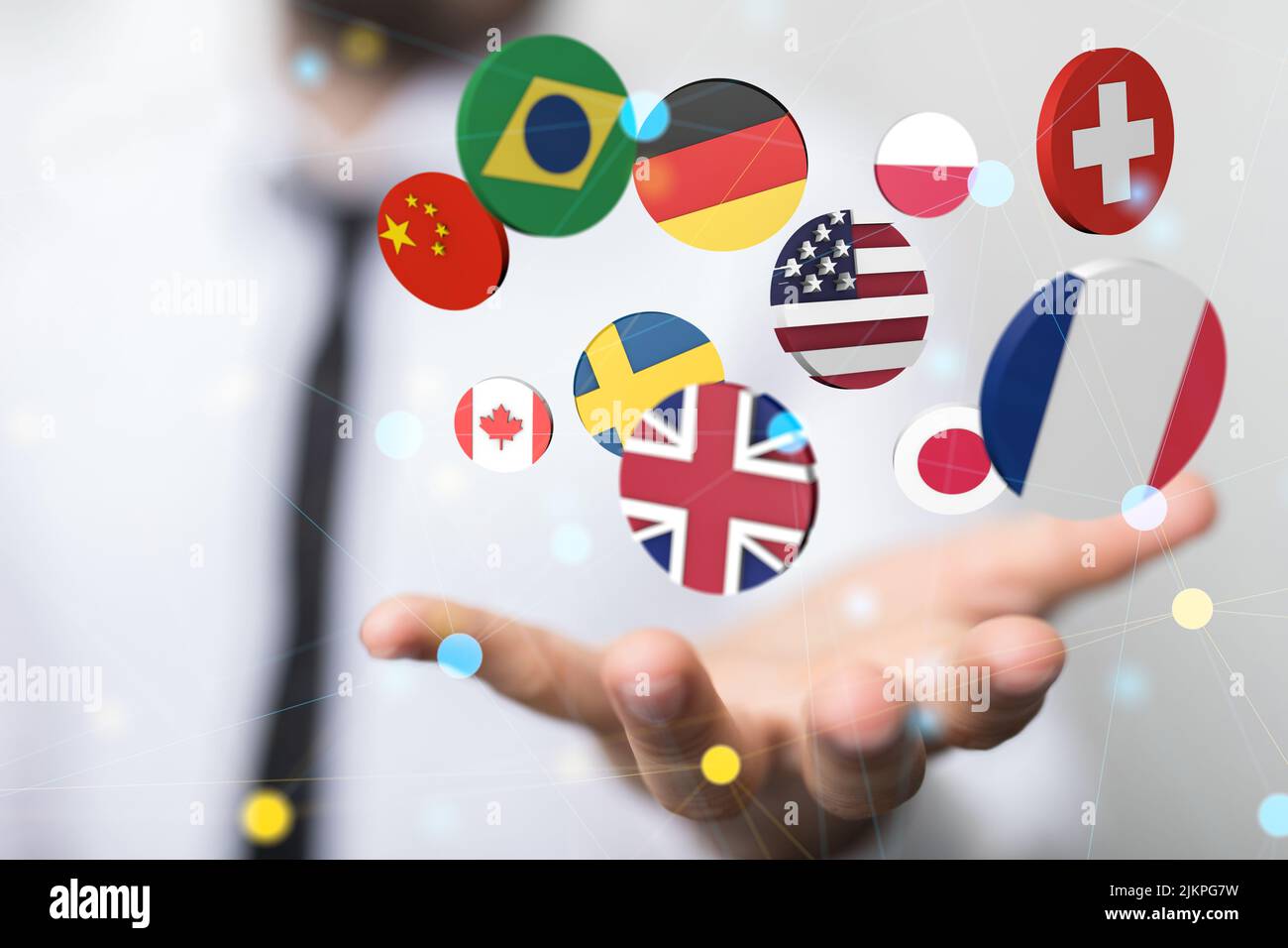 The flags of several countries over a person's hand during presentation ...