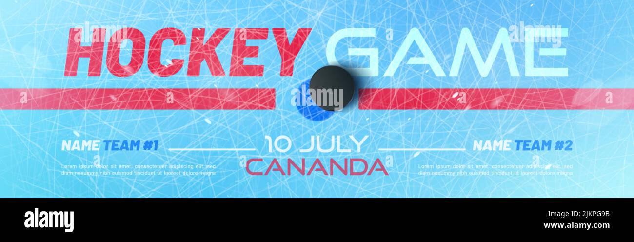 Hockey game banner with puck and red lines on ice rink. Vector poster ...