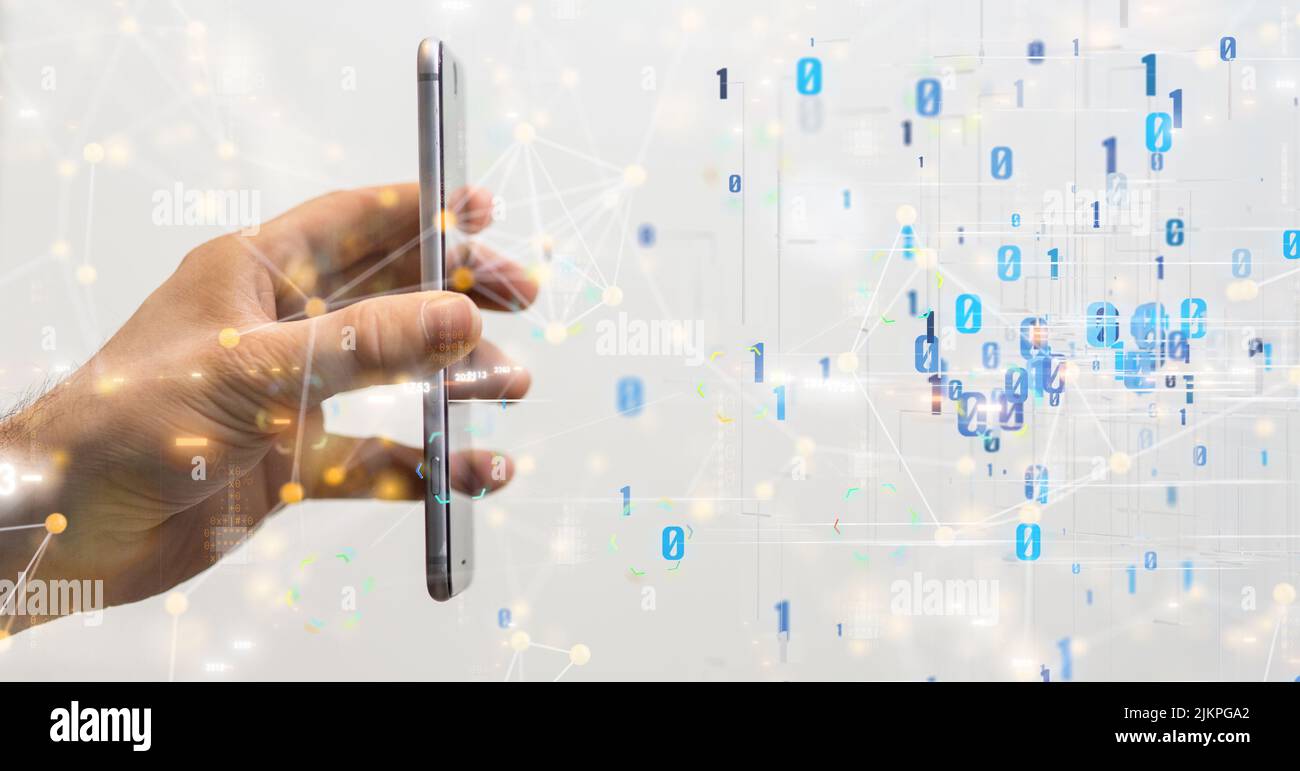 An illustrated binary network graphic with blue icons against a person ...