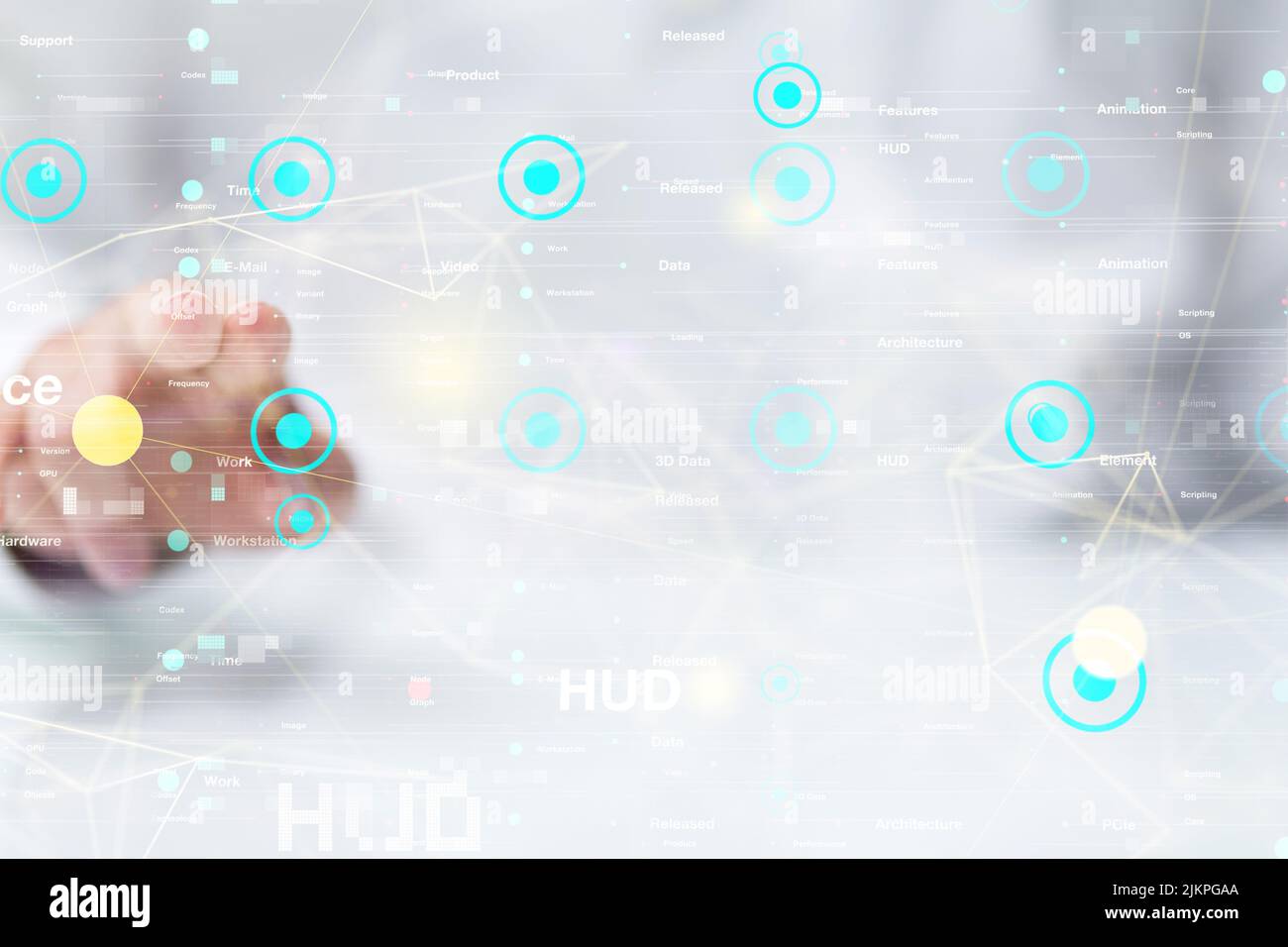 A network graphic with a person's hand touching it from the background ...