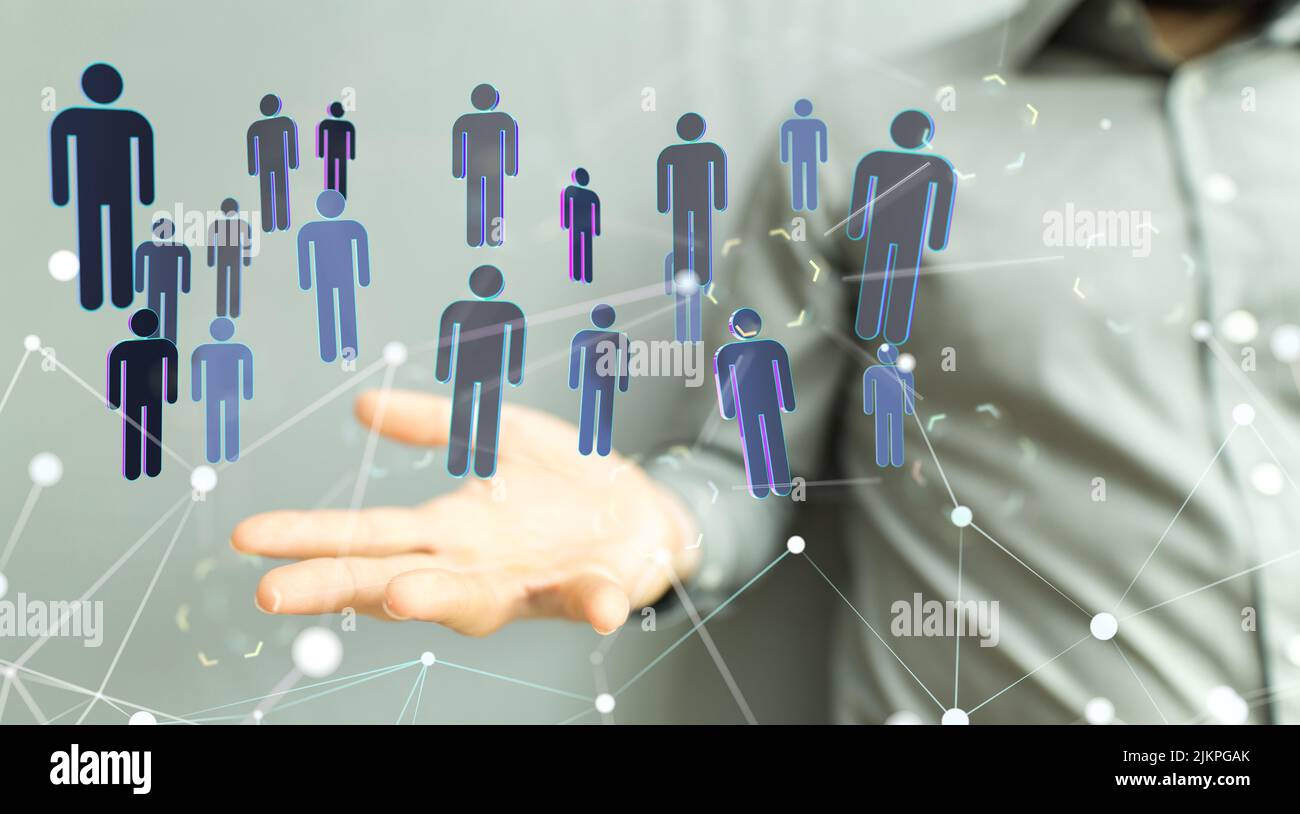 An illustrated network graphic with blue icons over a person's hand ...