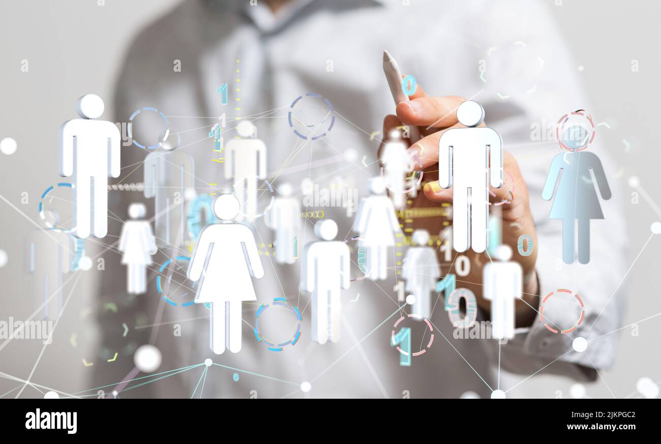 A network graphic with a person's hand touching it from the background ...