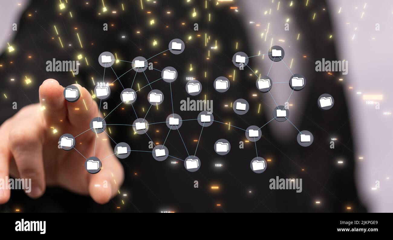 A network graphic with a person's hand touching it from the background ...